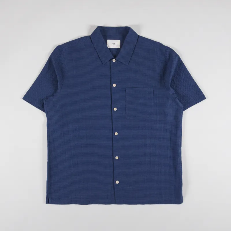 Folk Mens Short Sleeve Gabe Shirt Ash Navy Blue Linen Grid