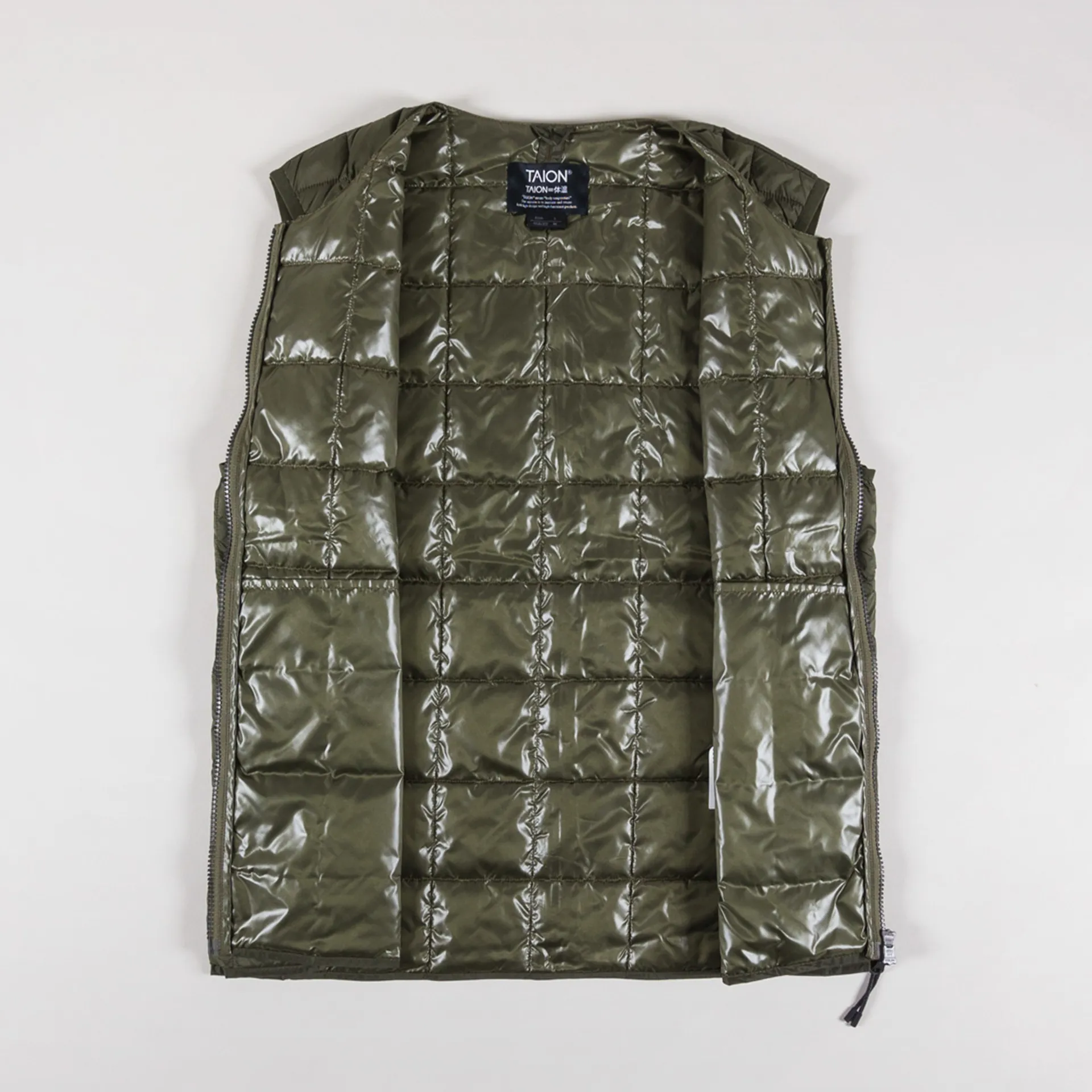 Taion Mens Crew Neck Double Zip Insulated Down Vest Dark Olive