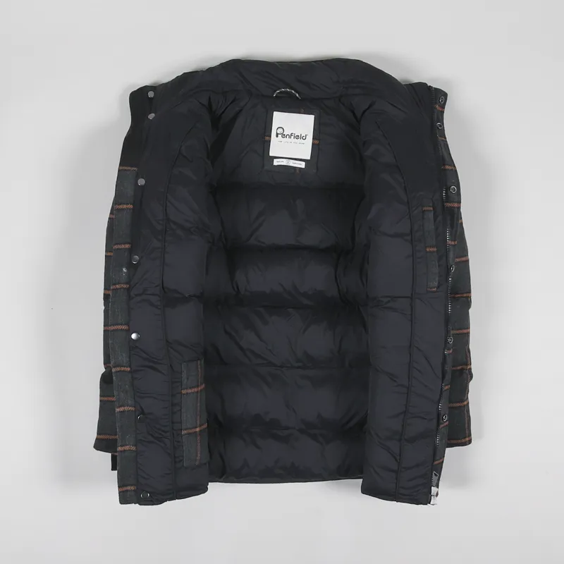 Penfield Mens Longline Check Puffer Jacket Ebony Grey