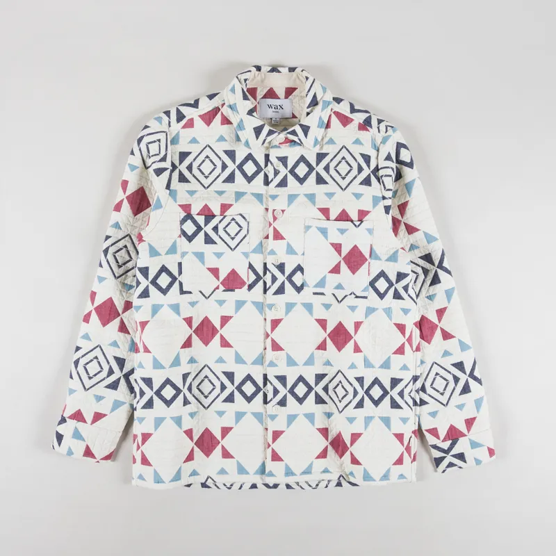 Wax London Mens Otto Quilted Overshirt Jacket Patterned Ecru Red