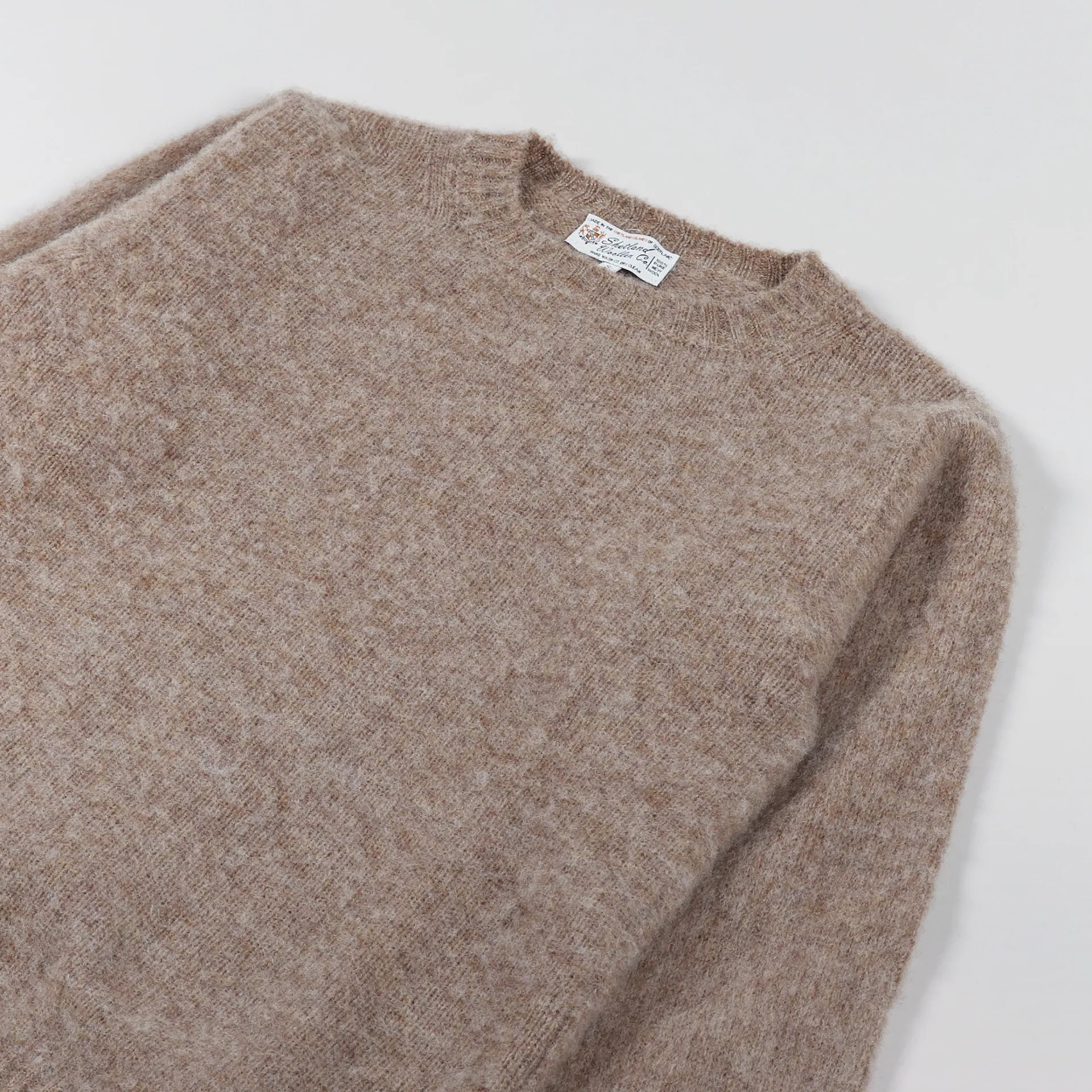 Shetland Woollen Co. Shaggy Knit Crew Neck Sweater Camel Brown