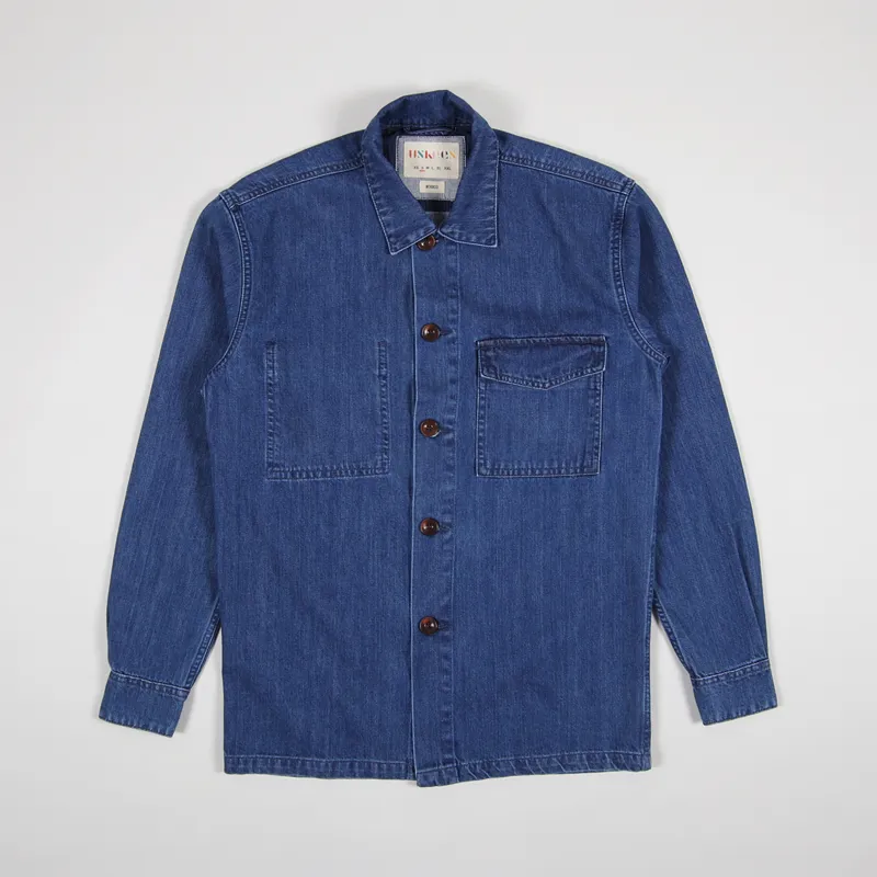 Uskees Mens Long Sleeve Single Pocket Work Shirt Washed Denim