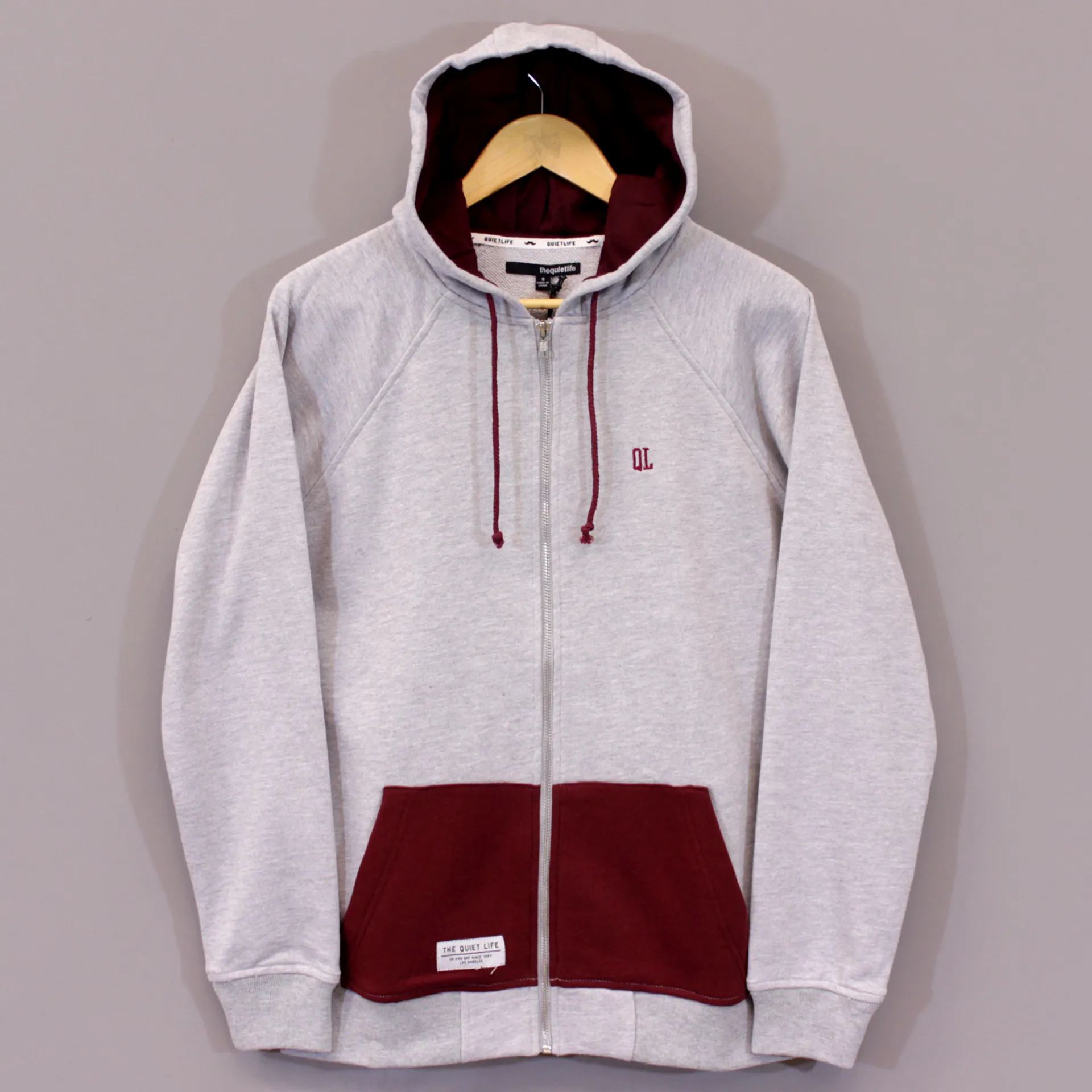 TQL Mens Vassar Zip Up Loopback Sweat Hood in Grey Maroon Burgun