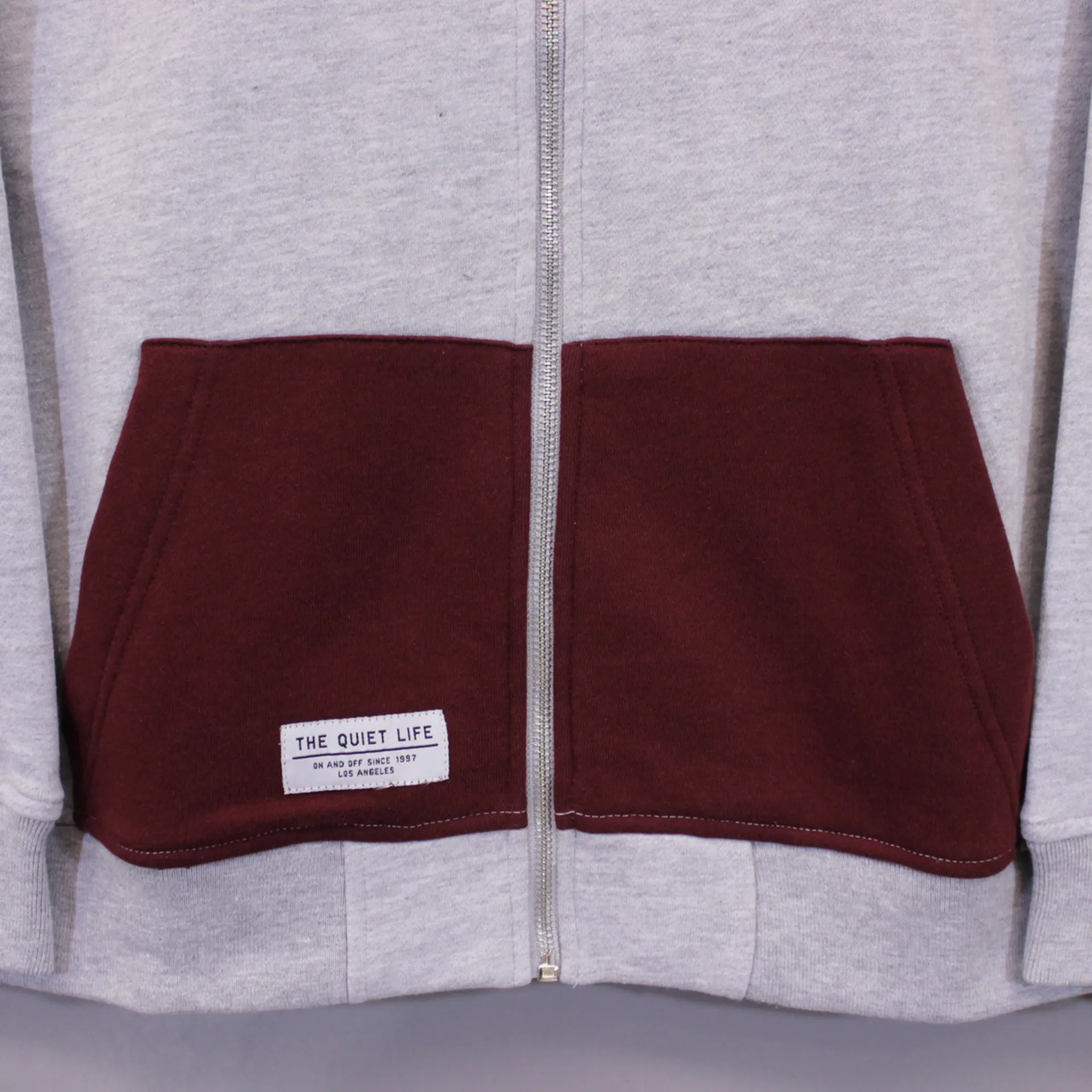 TQL Mens Vassar Zip Up Loopback Sweat Hood in Grey Maroon Burgun