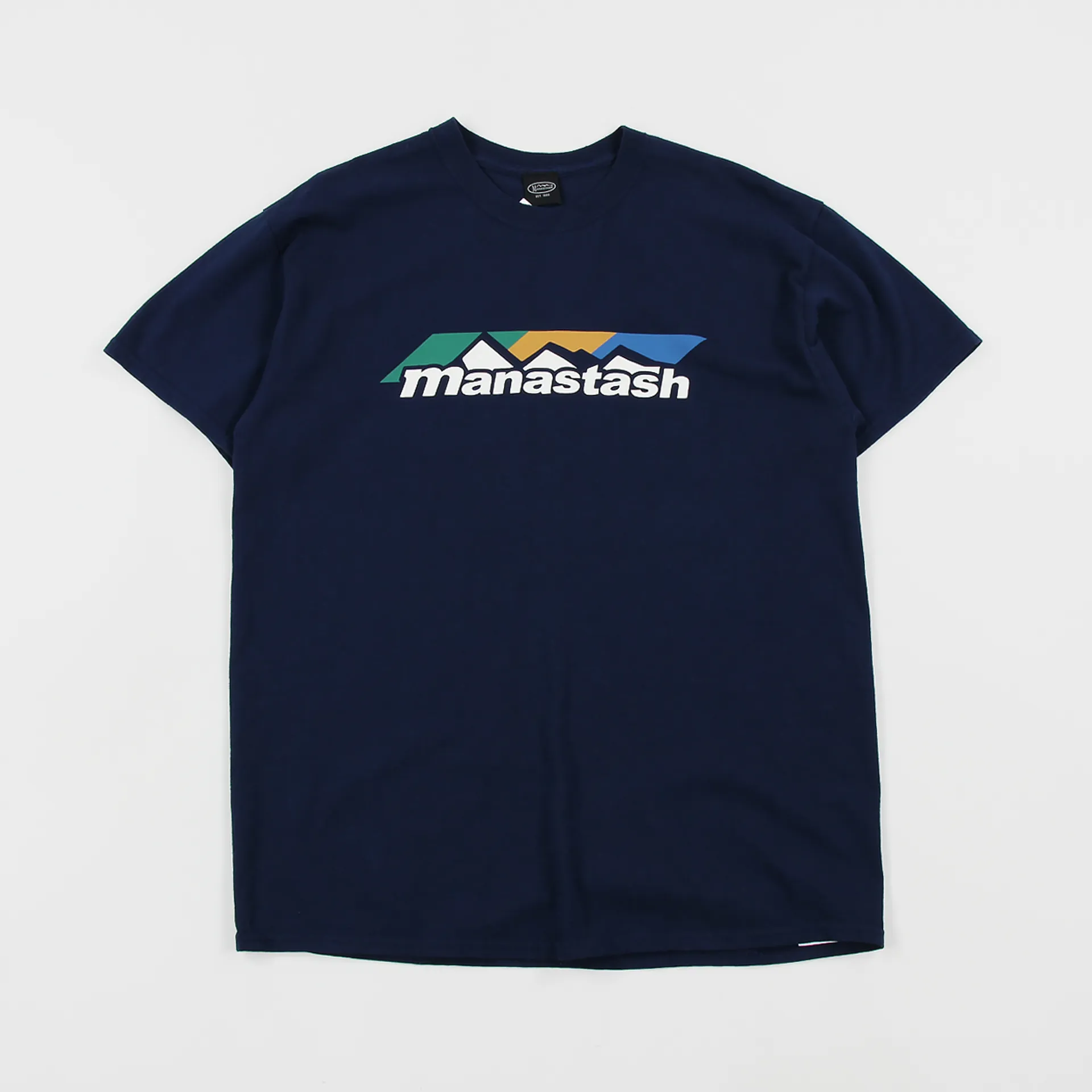 Manastash Mens Color Scheme Logo Short Sleeve T Shirt Navy Blue
