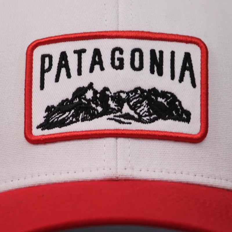 Patagonia Mens Mesh Trucker Hat Climb a Mountain Red White Blue